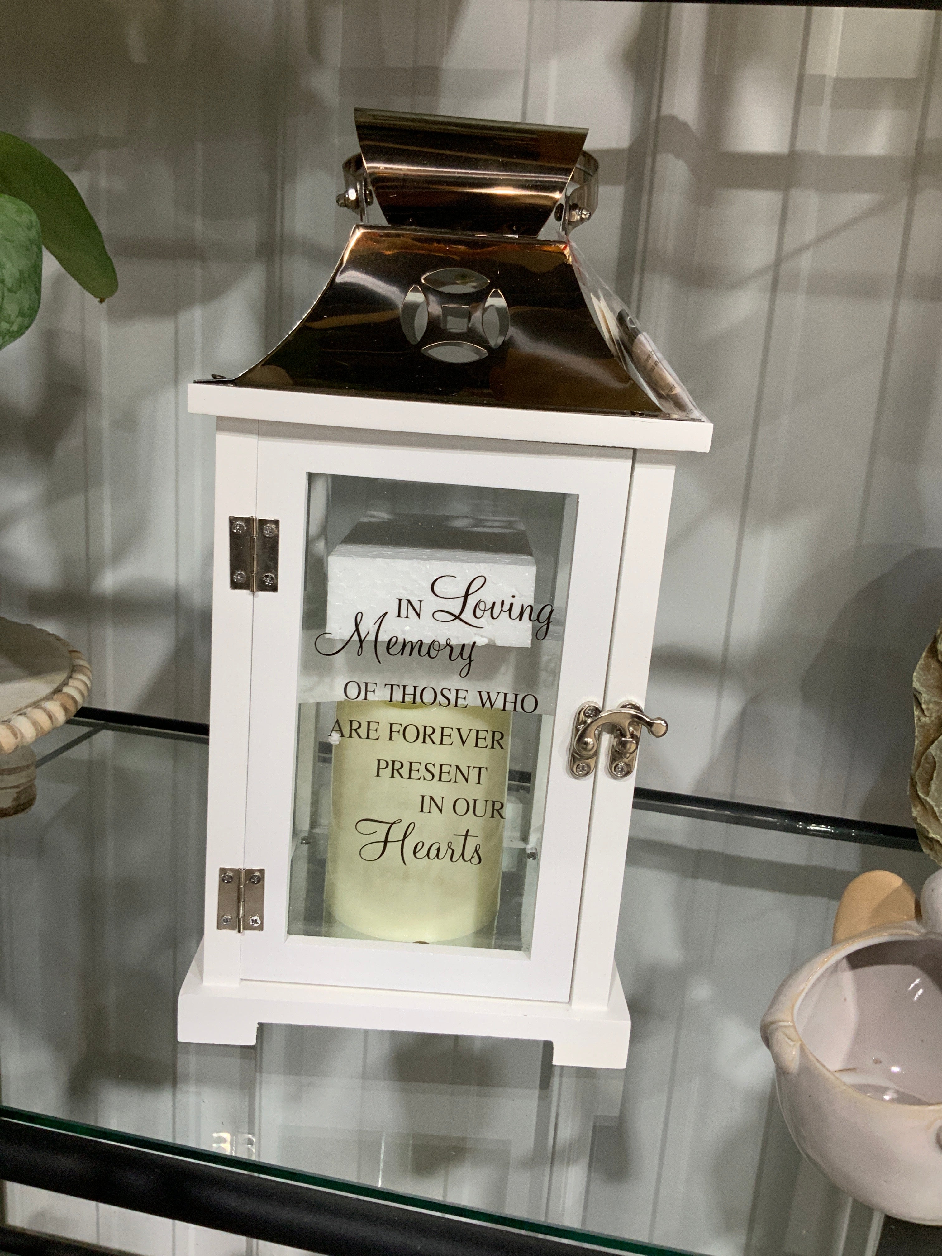 Carson White “in loving memory” lantern- 57448 – Blessed Blooms Flower Farm